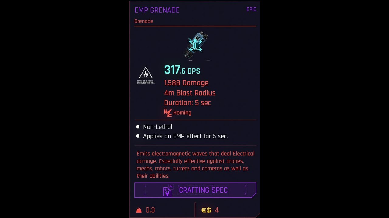 Cyberpunk 2077 Epic EMP Grenade crafting spec - YouTube