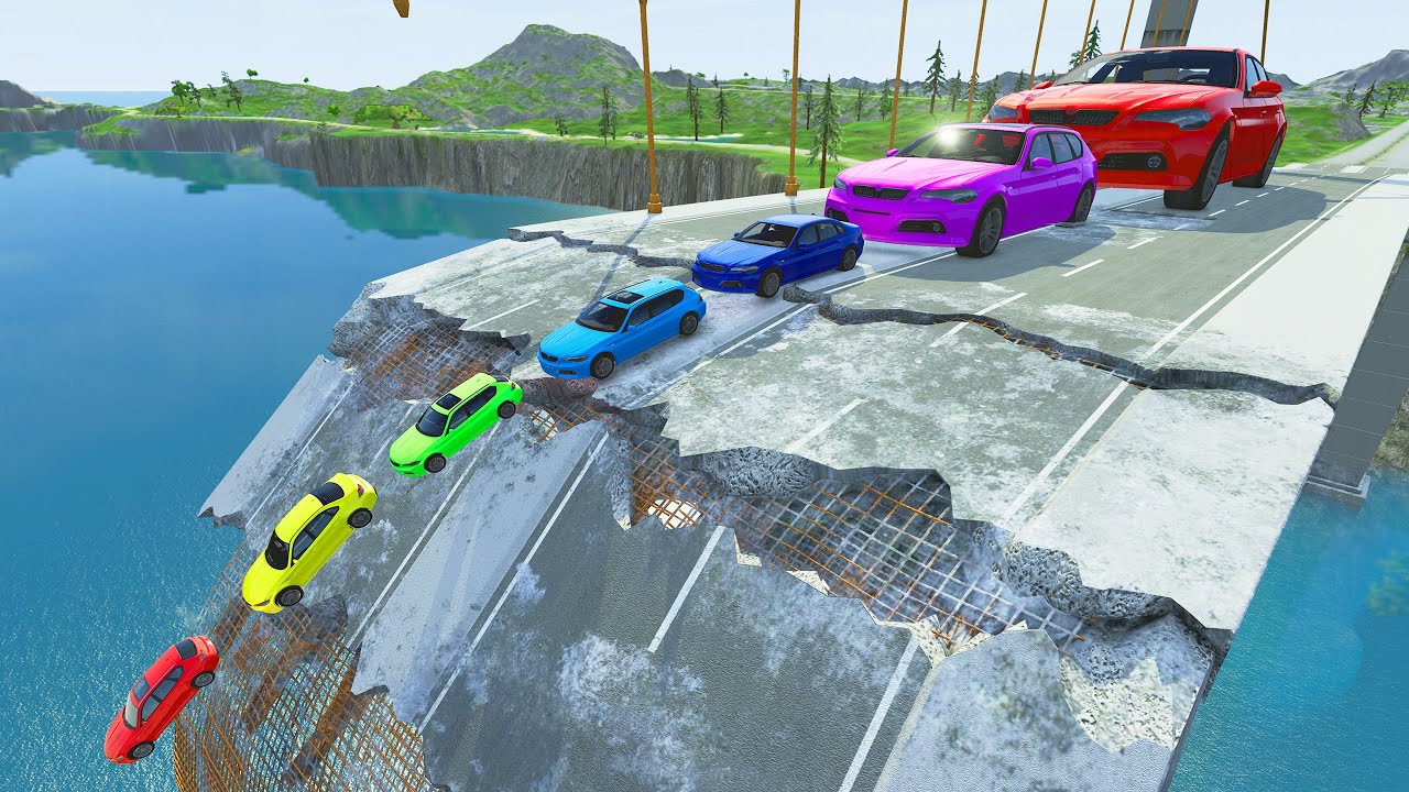 Epic High Speed Big and Small Car vs Monster Trucks Jump Broken Bridge ...