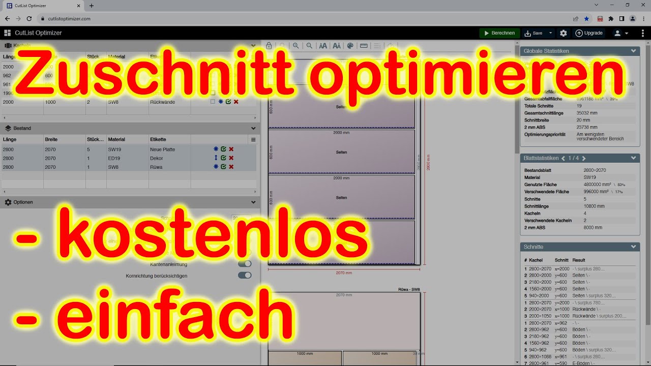 Kostenloses Tool zur Zuschnittoptimierung. - YouTube