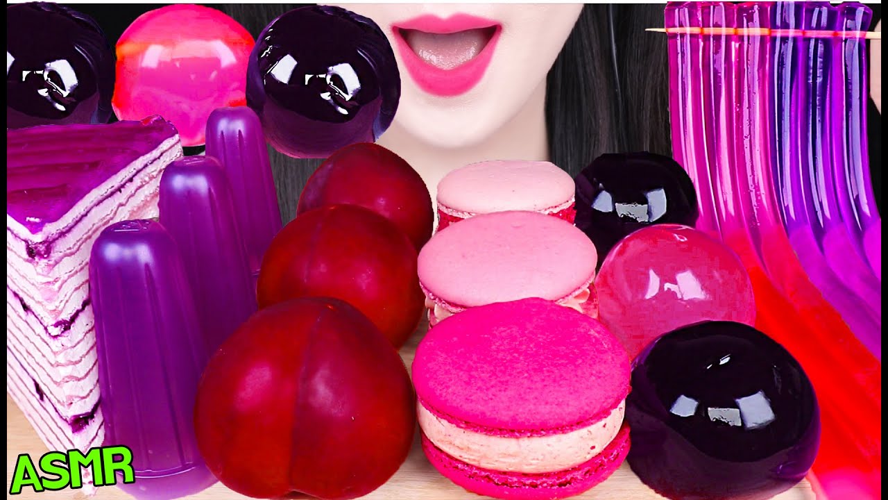ASMR PURPLE&PINK JELLY NOODLES, CHERRY PLUM, CUP JELLO 보라 핑크 체리 자두, 젤리 ...