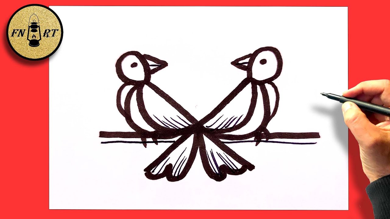 How to draw two birds sitting on a branch easy - YouTube