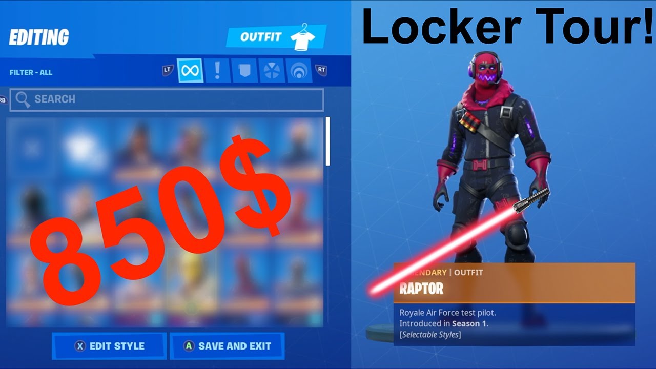 My 850$ Fortnite Locker Tour! | All my Skins, Harvesting Tools, Gliders ...