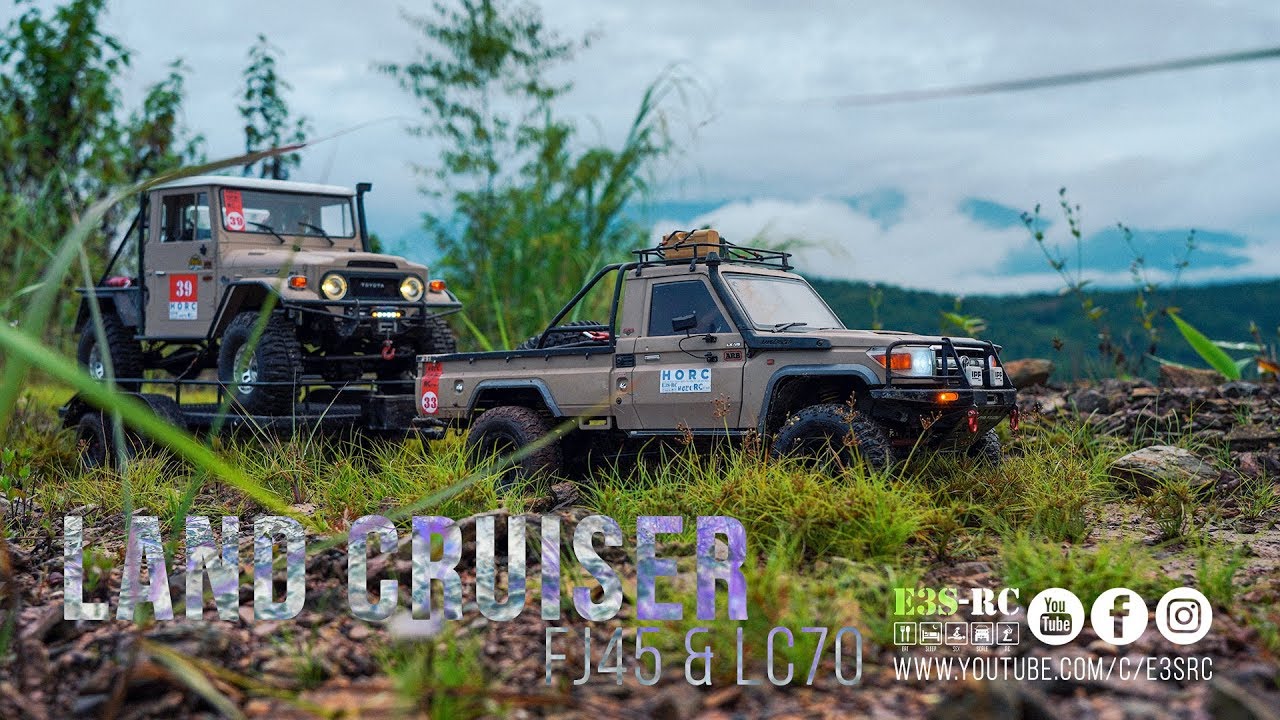 E3S-RC LAND CRUISER FJ45 on trailer behind LAND CRUISER LC70 /Rc ...