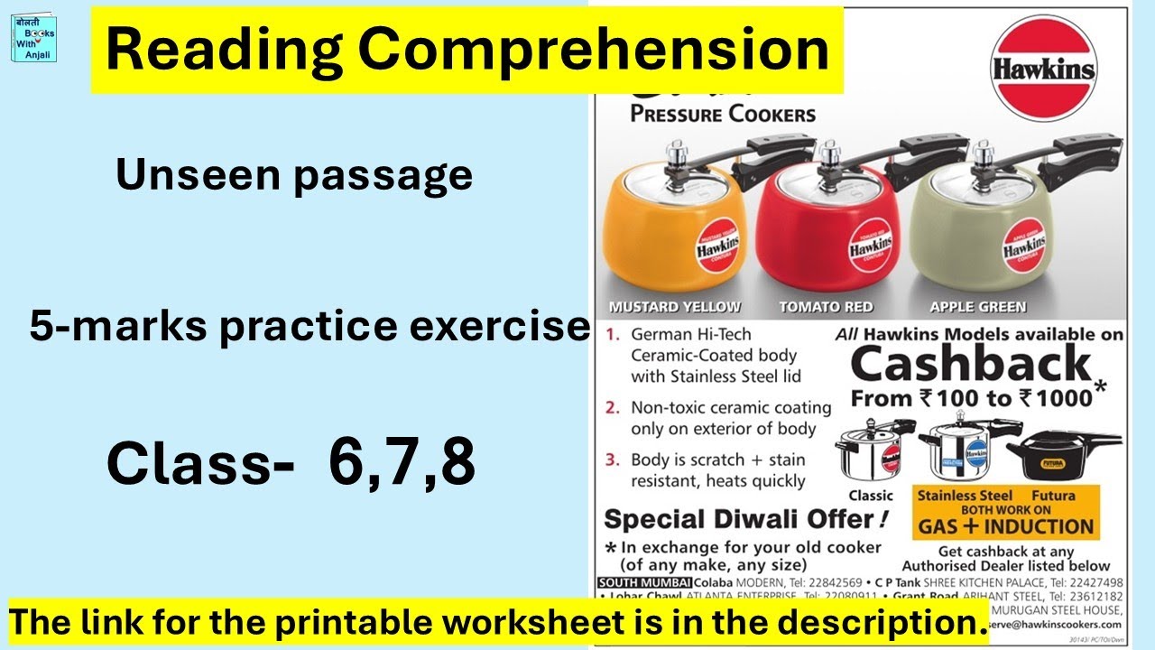 Hawkins Advertisement. English reading comprehension practice. Unseen ...