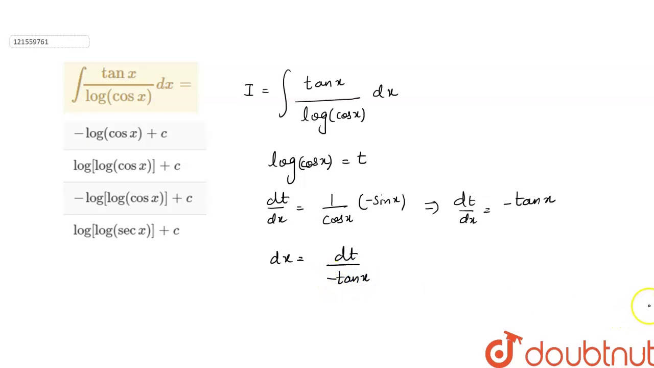 `int(tanx)/(log(cosx))dx=` - YouTube