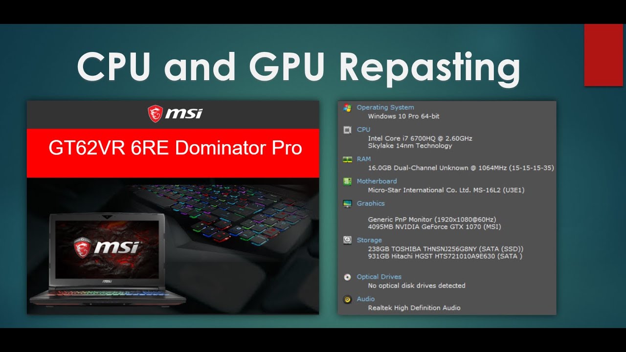 MSI GT62VR 6RE Dominator Pro CPU and GPU Repasting after 3 Years using ...
