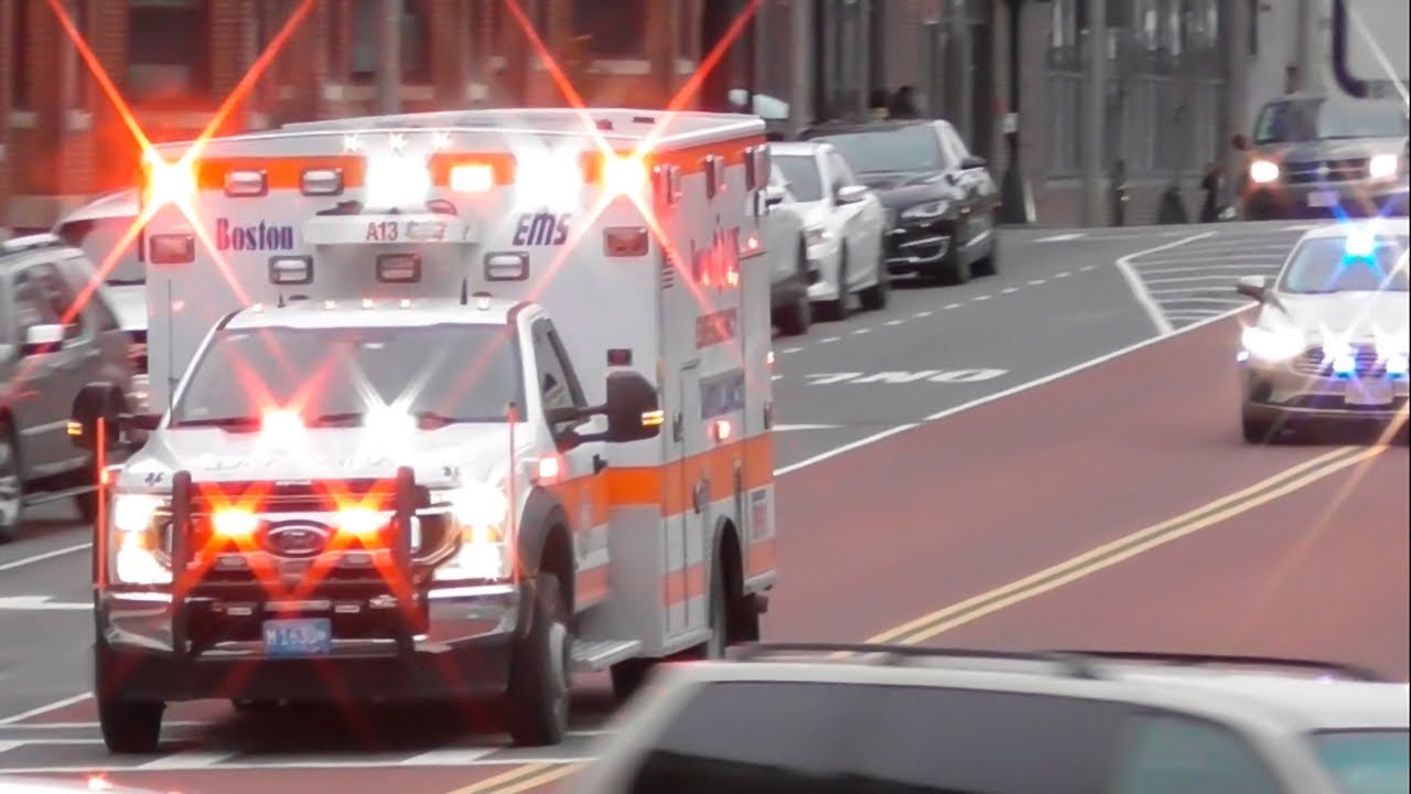 Boston EMS Ambulance 13 & Unmarked Police Cruiser Responding - YouTube