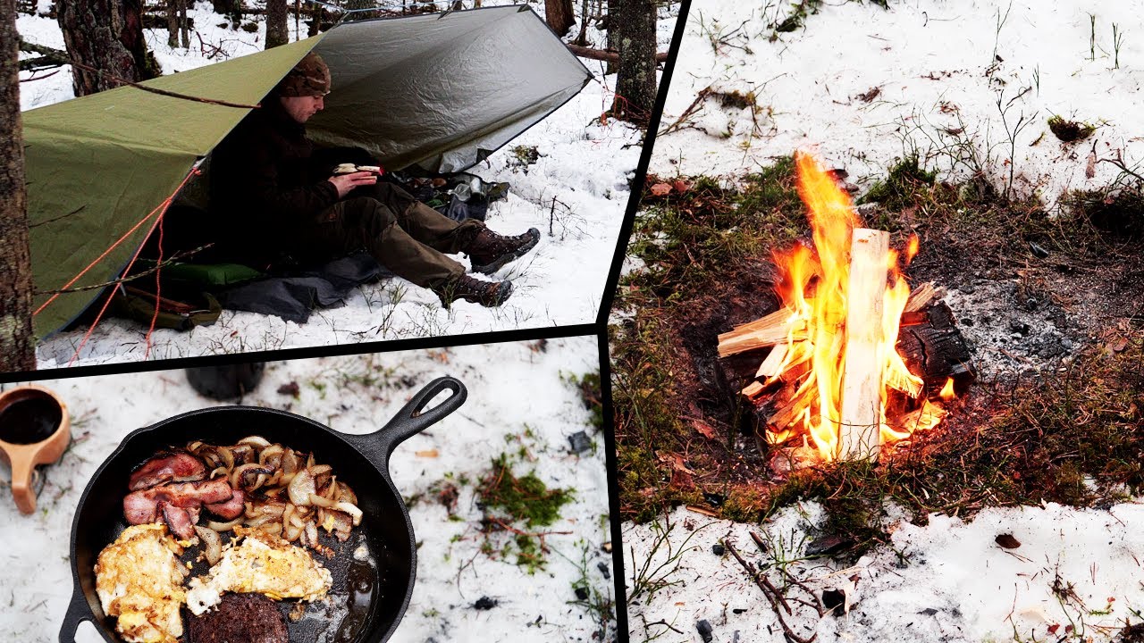 2 Days Winter Bushcraft camping - subzero weather - campfire cooking ...