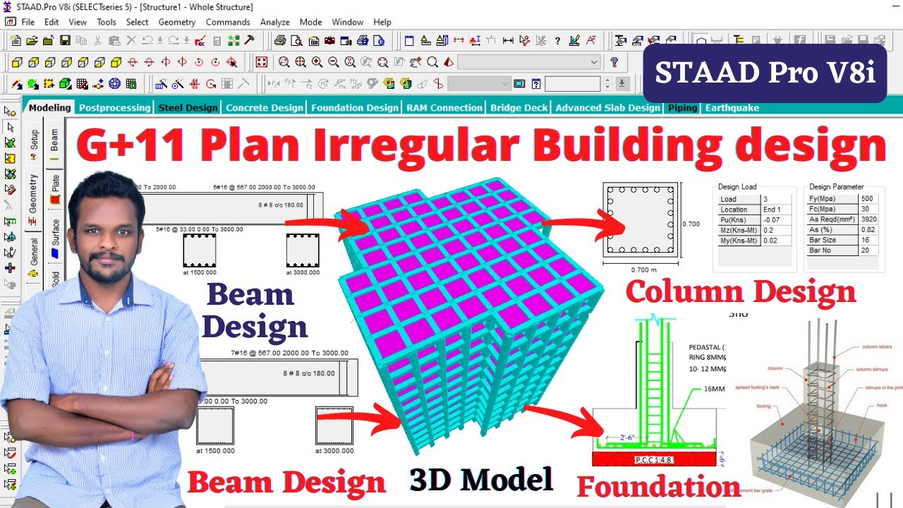 Complete G+11 Irregular Building design by Staad Pro V8i software ...