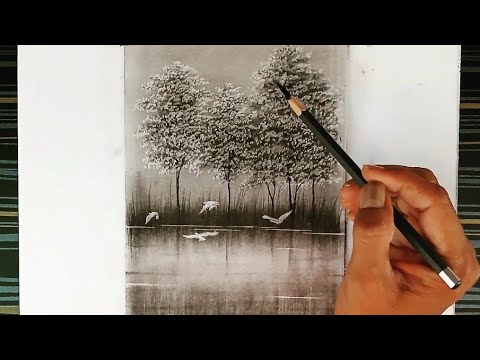 Pencil drawing landscape scenery flying white birds, trees flowers ...