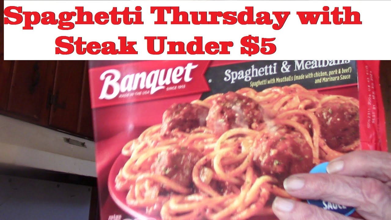 Thursday Spaghetti with Steak Banquet Coupon Meal - YouTube