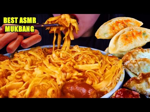 ASMR KOREAN FOOD MUKBANG FRIED DUMPLINGS, MUSHROOM AND SPICY CHEESY NOODLES / MG FOOD and MUKBANG
