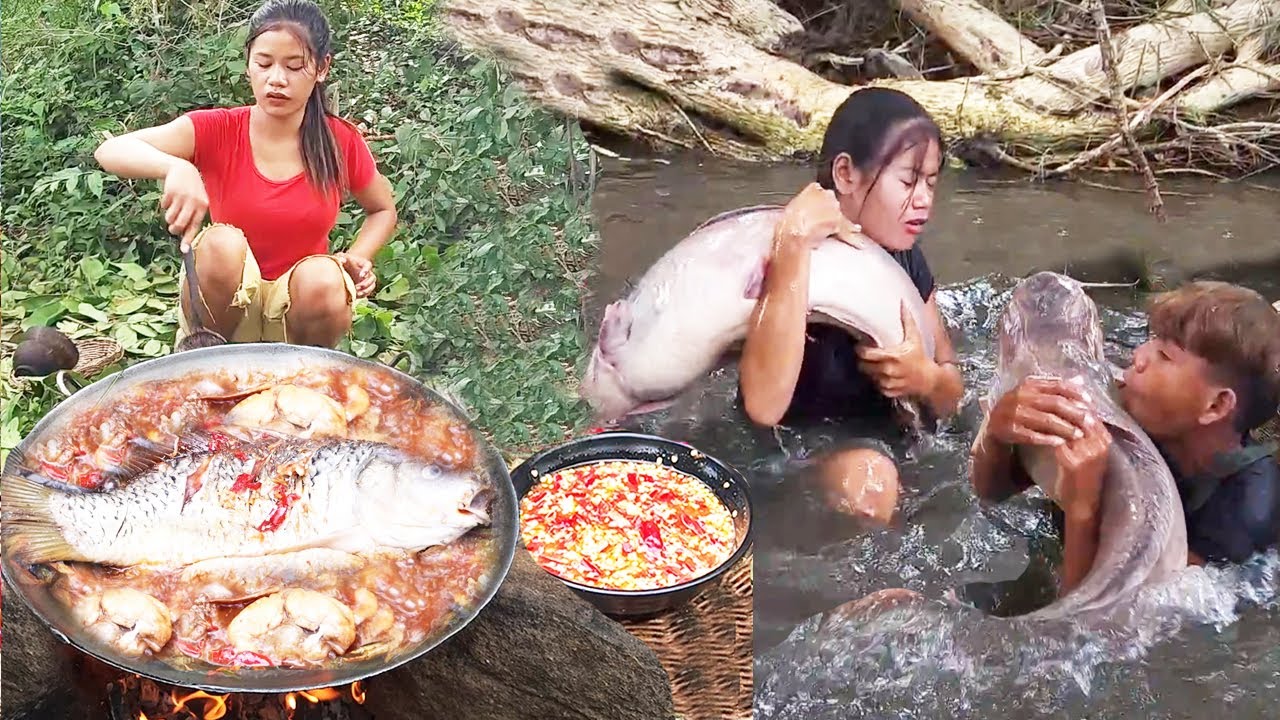Amazing Fishing skill to catch Big fish with egg and cooking Soup for ...