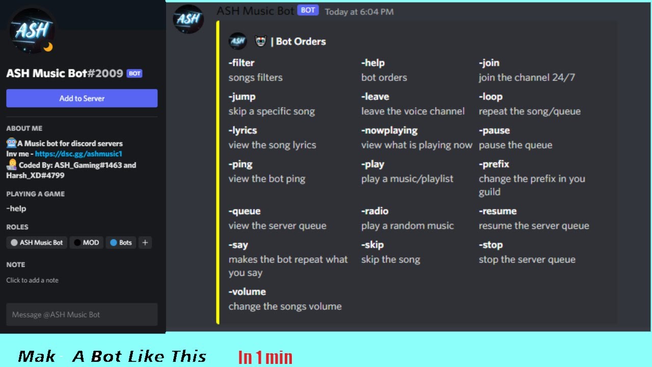 ASH Music Bot With 50+ commands | ASH Music Bot | The Bot Can Talk ...