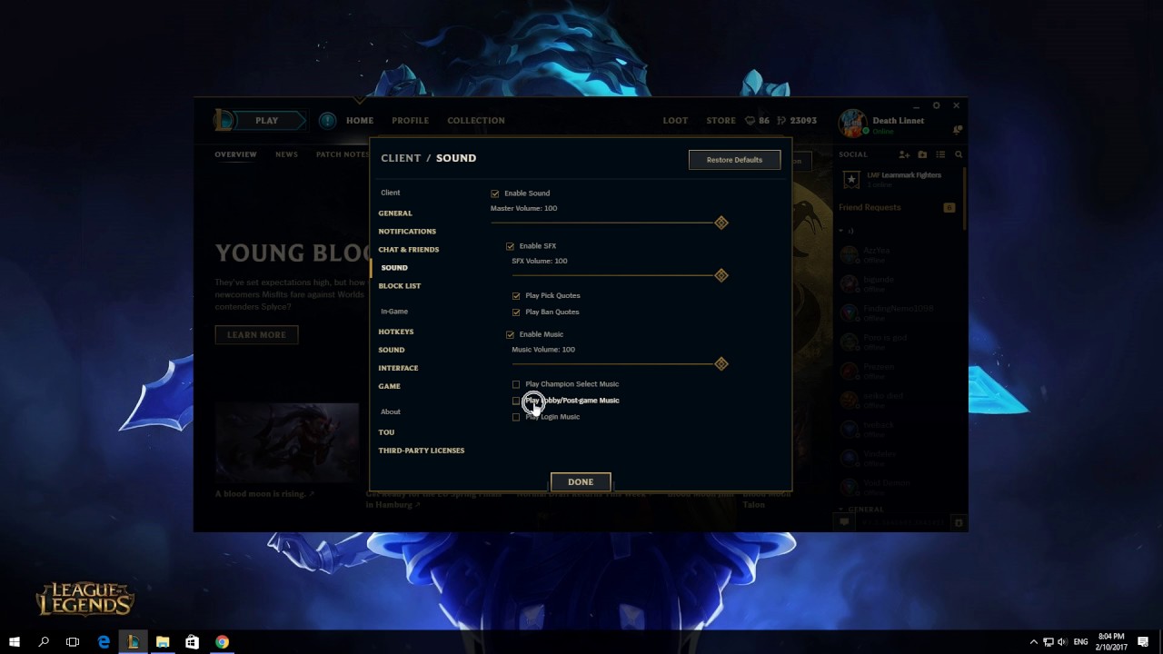 How To Enable Play Lobby Music In League Of Legends Client 2017 - YouTube