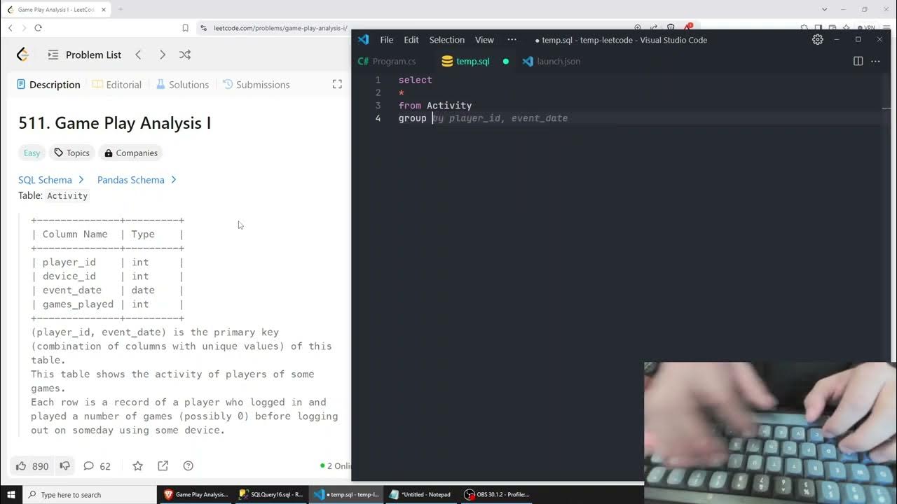 Solving Leetcode Problems - 511. Game Play Analysis I - YouTube