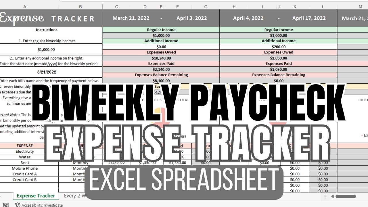 Biweekly Paycheck Expense Tracker Spreadsheet - (Excel) - YouTube
