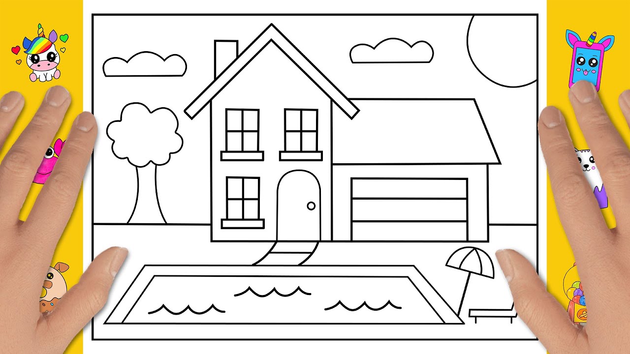 How to Draw a House with a Fun Swimming Pool ️💜💚💙vHouse with a Pool ...