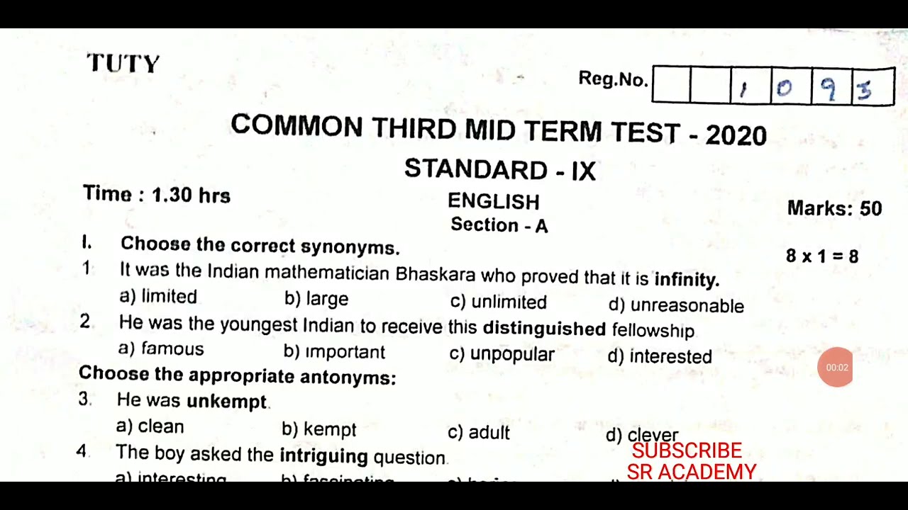 9th standard English third midterm test original question paper 2020 ...