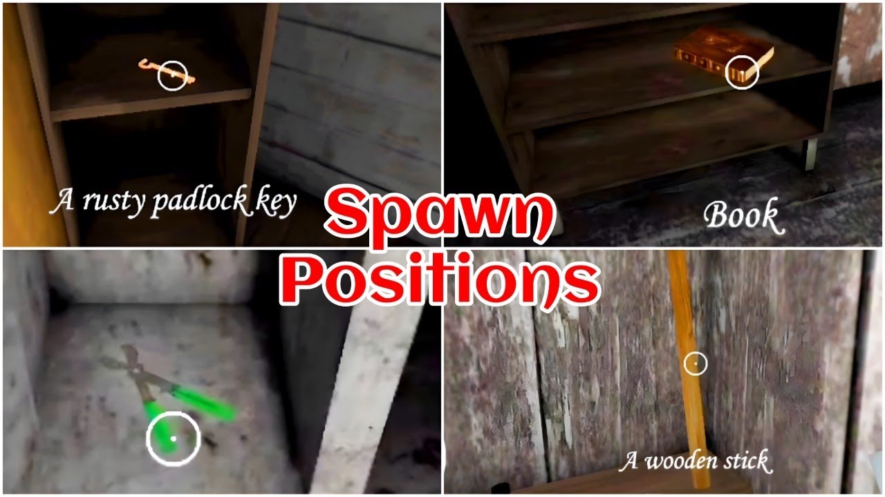 All spawn positions of Rusty key, Stick, Chain cutter, Book | Granny 1. ...
