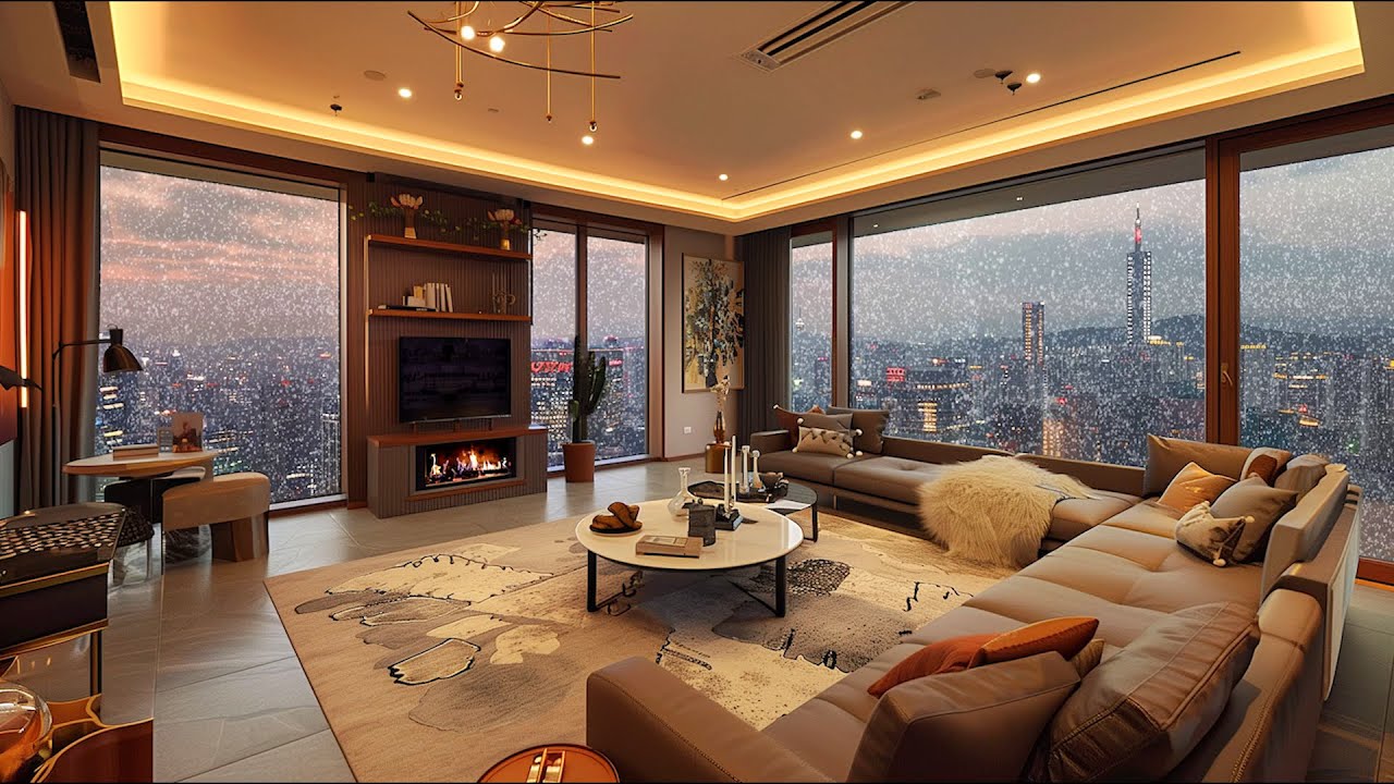Cozy Apartment Snowstorm Ambience with Snow Falling, Relaxing Fireplace ...