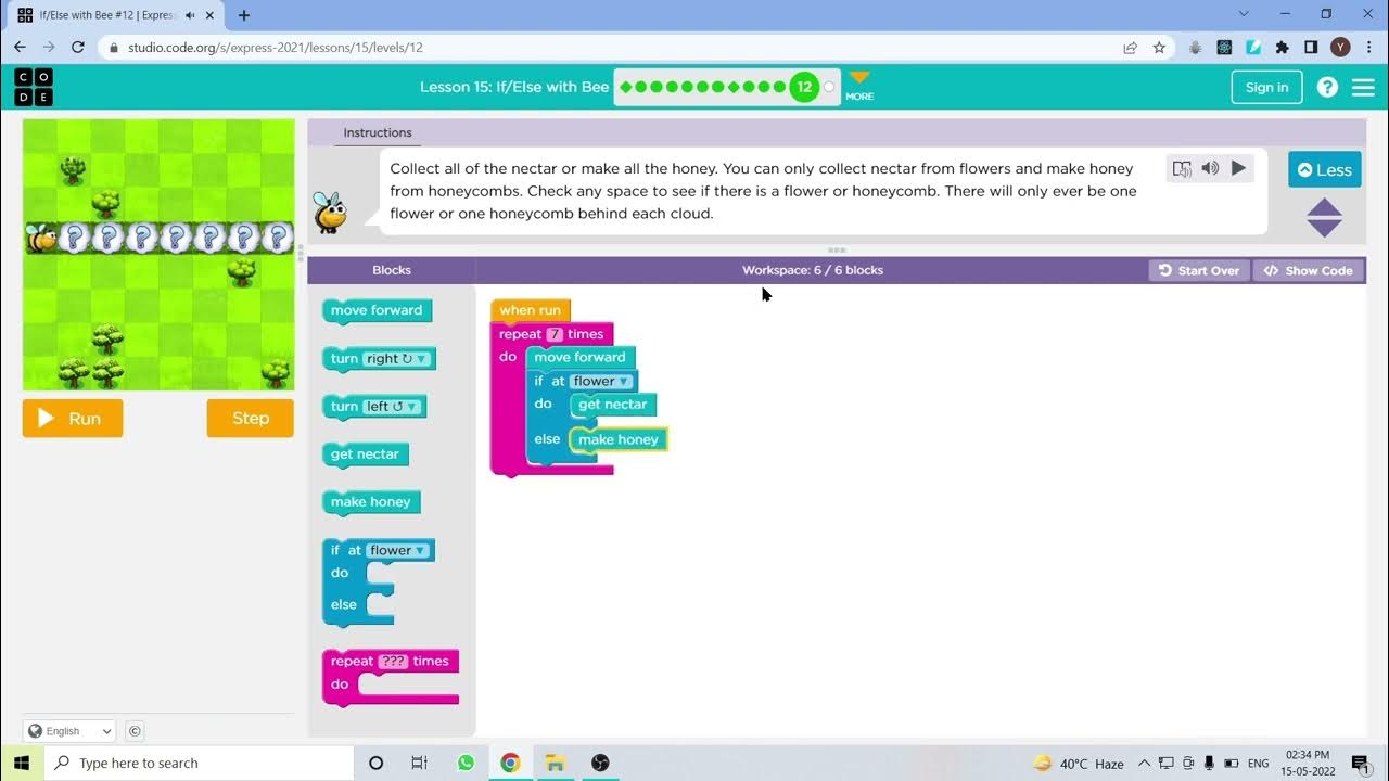 L15-12 |Code.org | Express-2021 | Lesson 15: If/Else with Bee | level ...