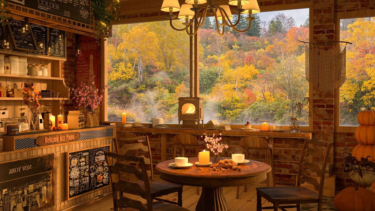 Autumn Forest Coffee Cabin Ambience ☕ Smooth Piano Jazz Music for ...