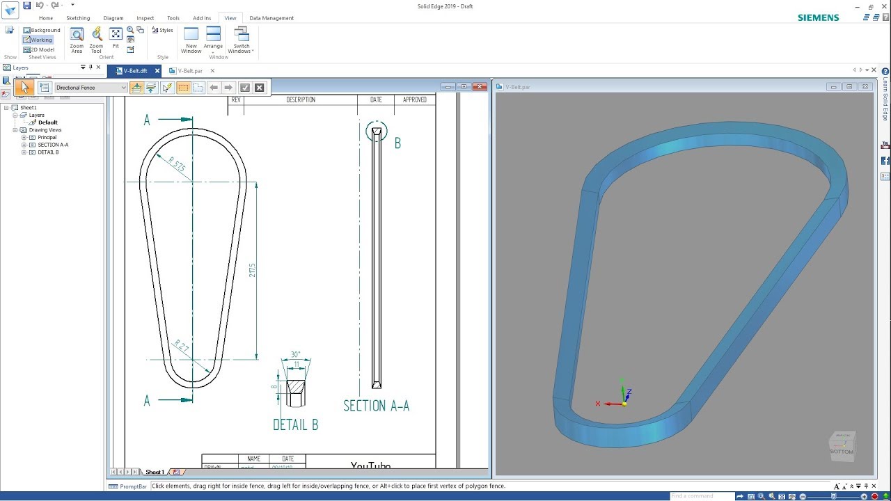 SOLID EDGE 2019 - V-BELT - DRAWING - YouTube