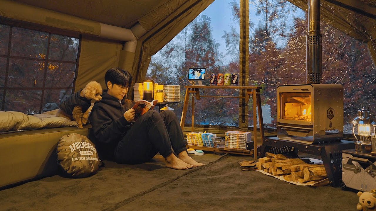 Inflatable Tent Camping with My Dog . Korean Ramen Rabokki . Wood Stove ...