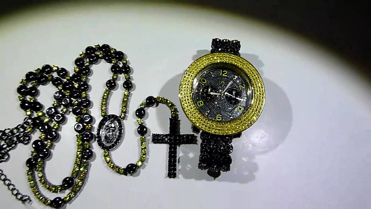 (SOLD)Lab Made BLACK and YELLOW Diamond " Rosary + Watch " COMBO! Wiz ...
