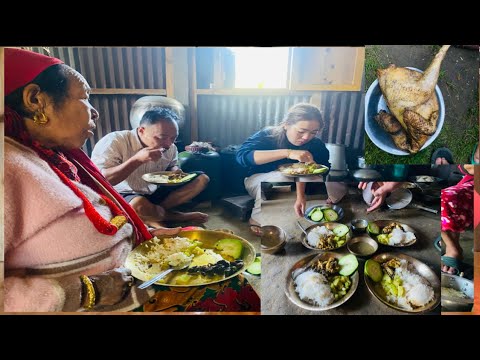 Local chicken and rice local cucumber salad eating with family in ...