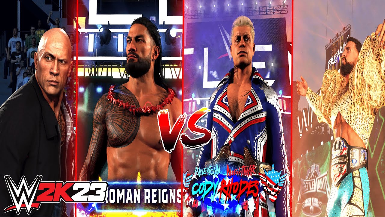 WWE 2K23 The Rock & Roman Reigns Vs Cody Rhodes & Seth Freakin Rollins TAG TEAM MATCH - YouTube