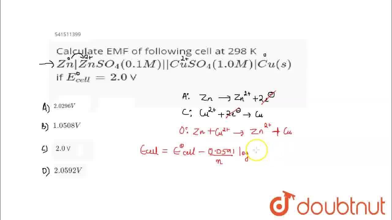 Calculate EMF of following cell at 298 K Zn|ZnSO_(4) (0.1 M) ||CuSO_(4) (1.0 M)|Cu (s) if E_(cel ...