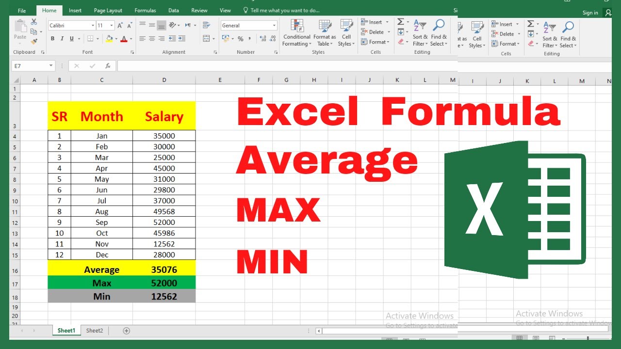 Ms Excel Average Formula Max Formula Min Formula Ms Excel Formula Elesson Info Youtube