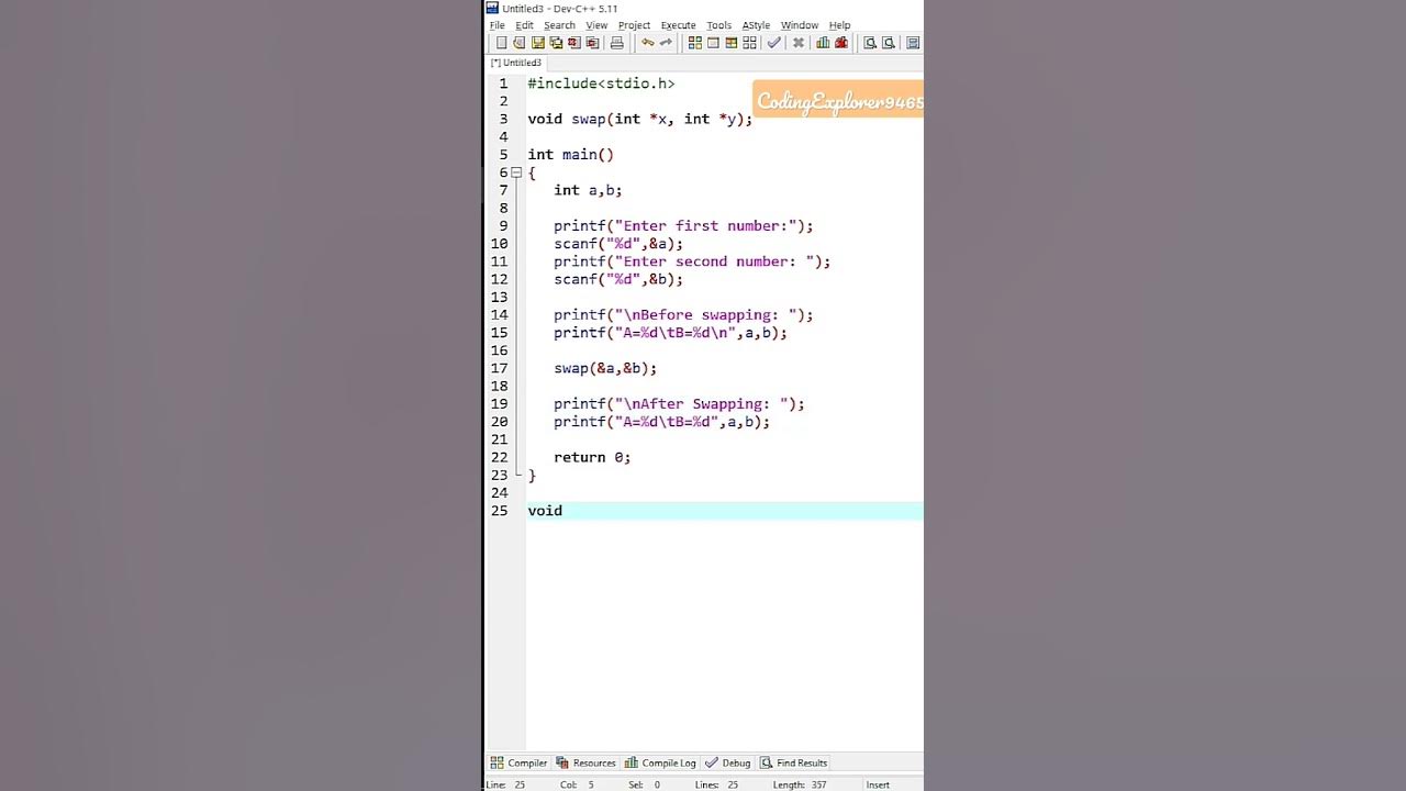 Program To Swap Two Numbers Using Third Variable Using Function Call By Reference Youtube