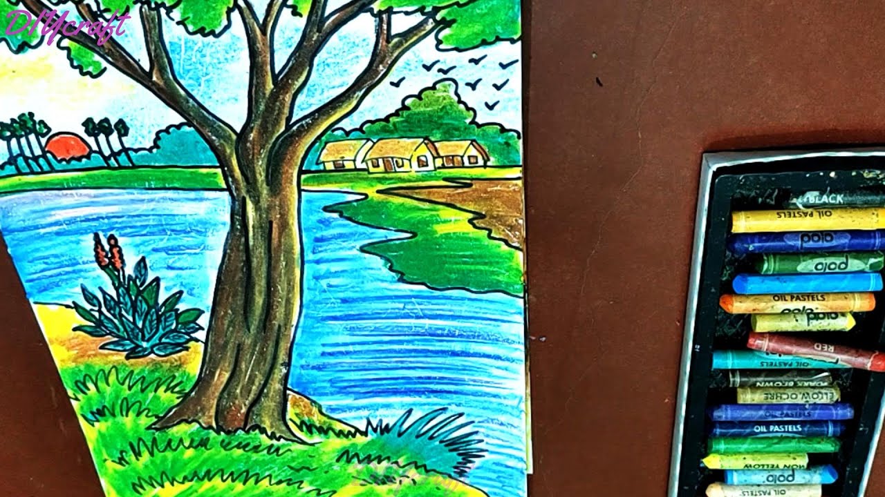 How to draw scenery of pond ghat Step by step - YouTube