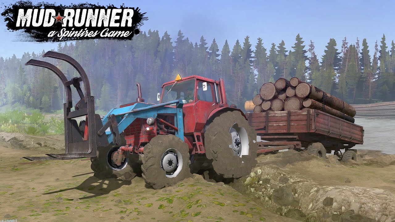 Spintires MudRunner MTZ 82 Old Tractor Transports Logs Through The Mud - YouTube