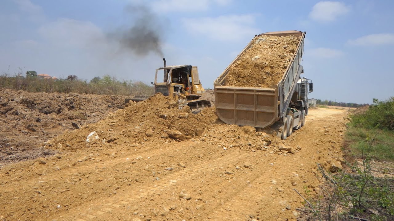 The Best Team work Dump Truck Dozer KOMATSU D58E Super power working construction push the ...