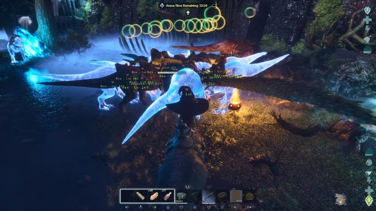 ARK Survival Ascended Valguero gamma boss fight using rexs - YouTube