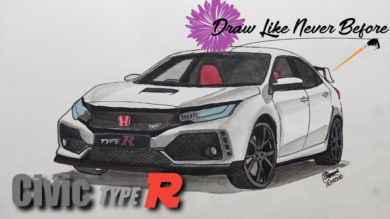Civic type R | drawing and painting using Water colors | Timelapse ...