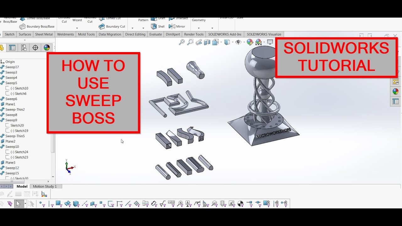 Swept Boss Base - How to use - Solidworks Tutorial - guide curves, paths, thin & twist along ...