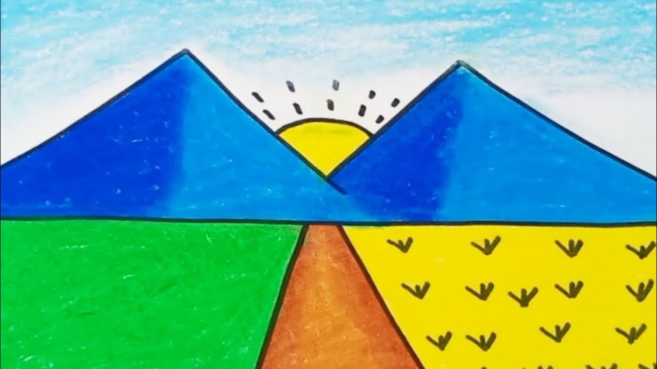 Cara menggambar pemandangan gunung dan sawah yang mudah |How to draw ...