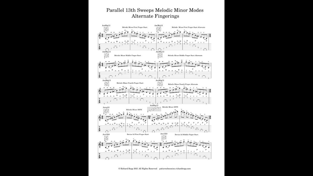 Parallel 13th Sweeps Melodic Minor Modes Alternate Fingerings - YouTube