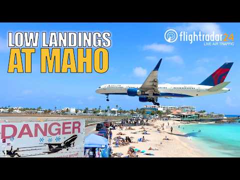 Crazy landing and jet blast action at the famous airport Maho Beach!