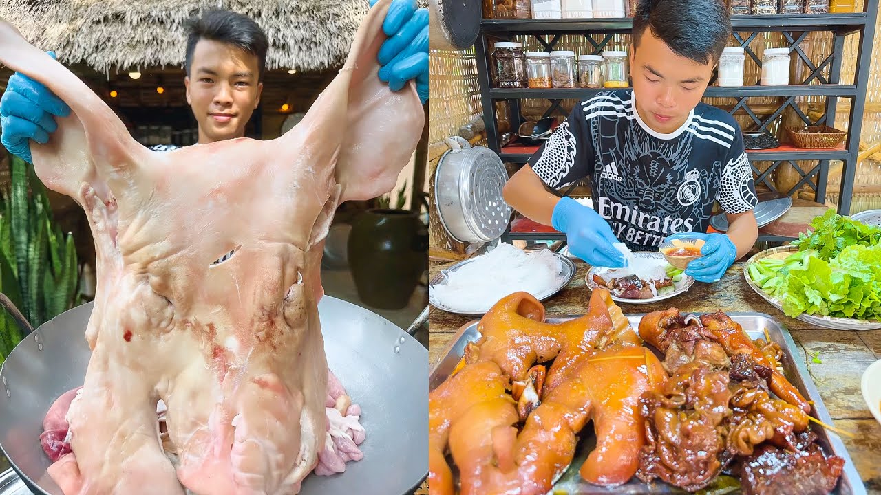 Chef Ny: Pig head, lung, intestine, stomach cooking with country style ...