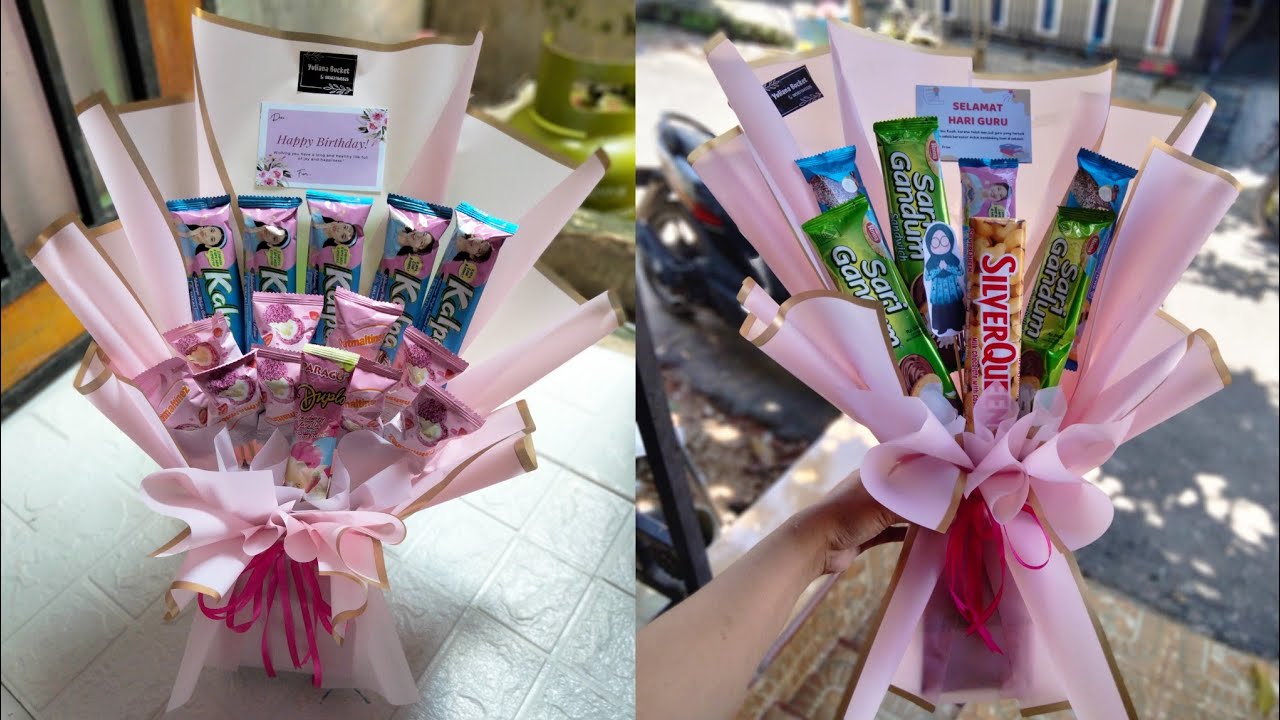 tutorial membuat buket untuk hari guru/buket Snack tema pink/bouquet ...
