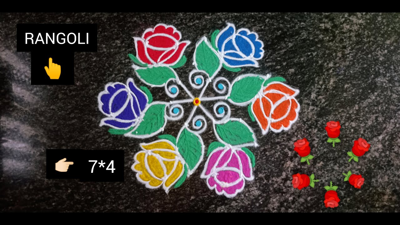 Beautiful Rose flower rangoli 7*4 dots easy Rangoli #rangoli - YouTube