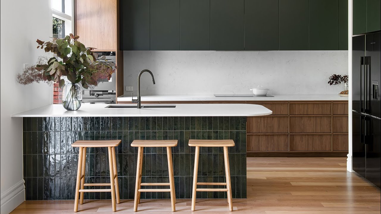 Rich walnut and deep green Kitchen,Living & Pantry renovation - YouTube