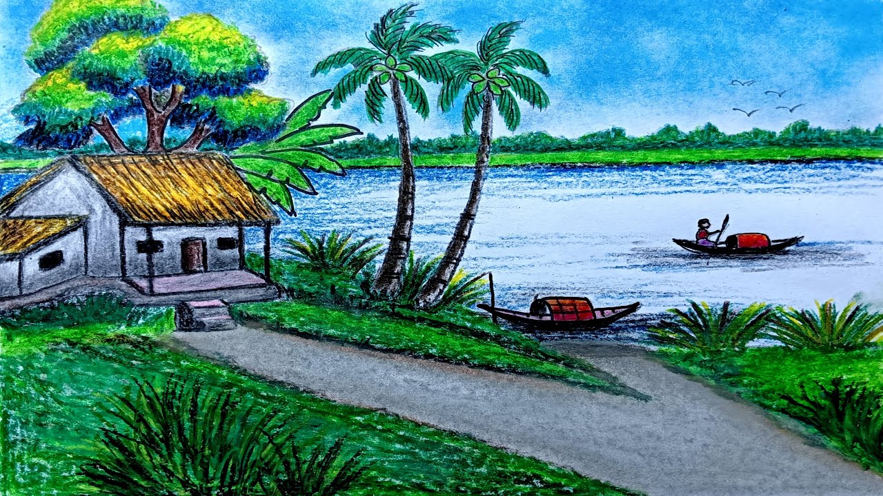 River side village house drawing || River side Village Art - YouTube