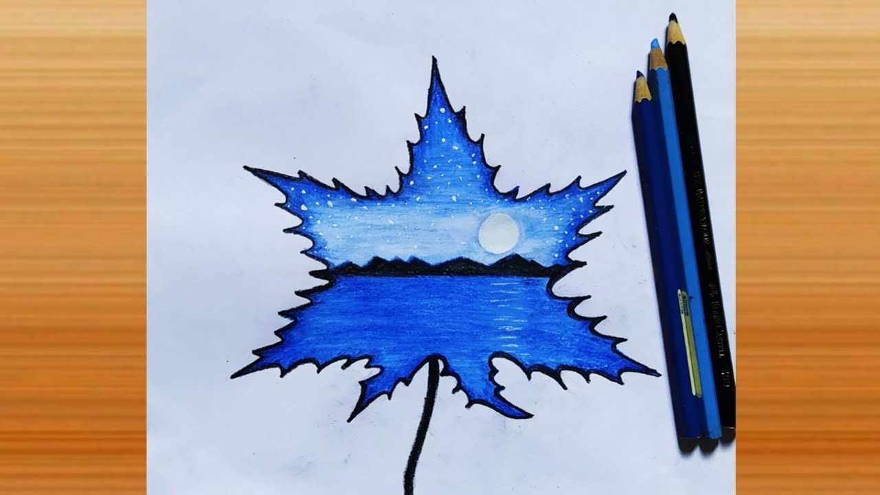 Pencil color drawing inside Maple leaf | pencil colour scenery drawing ...